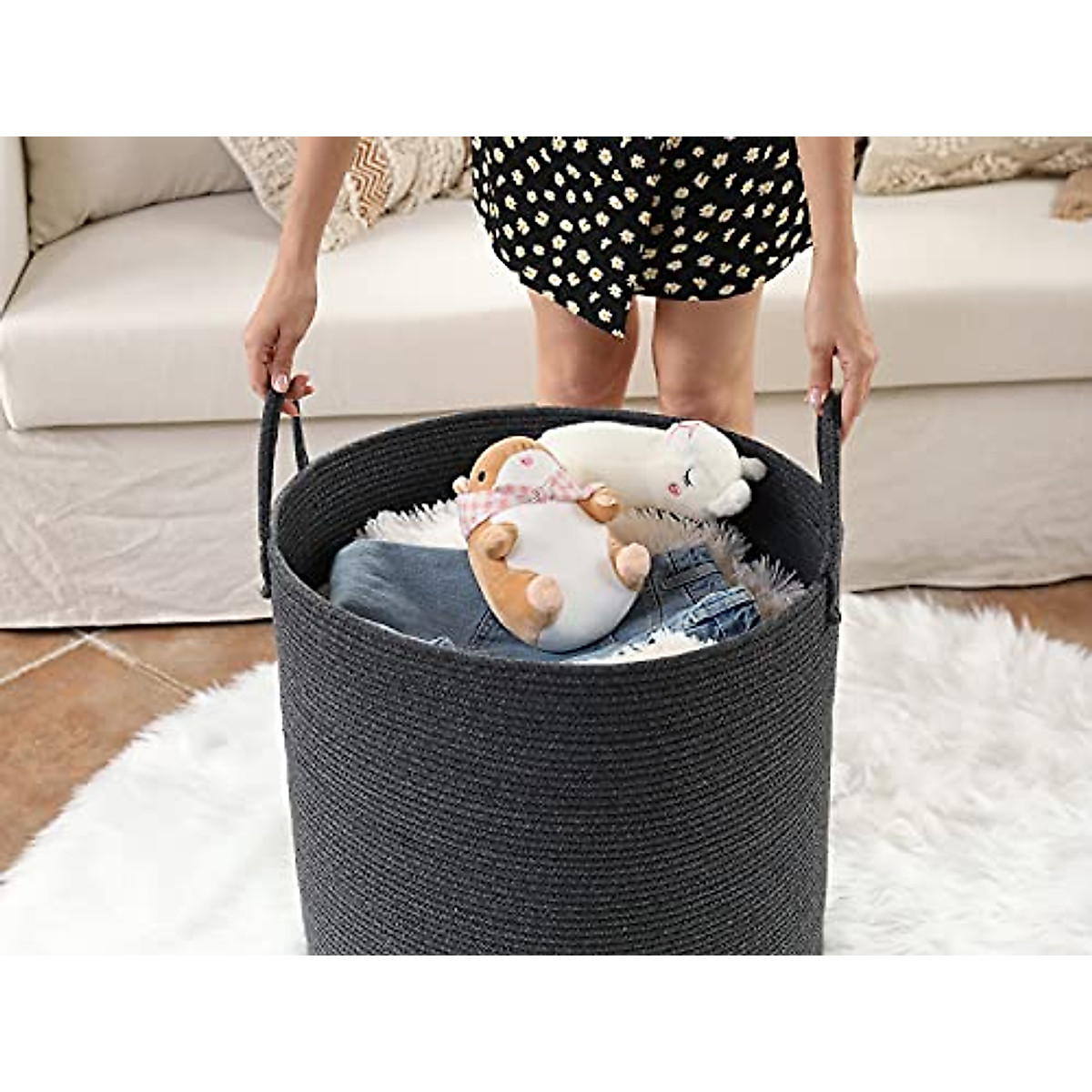 20" x 20" x 20" Extra Large Storage Basket, Cotton Rope Storage Baskets, Woven Laundry Hamper, Cloth Storage Bin, for Clothes Towel Blanket Basket in Living Room, All Black Grey Mix