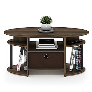 Furinno Jaya Simple Design Oval Coffee Table with Bin for Living Room, Columbia Walnut/Black/Dark Brown