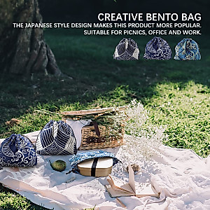 3PCS Lunch Tote Bag Japanese Style Drawstring Bento Pouch Portable Bento Storage Bag for Work Picnic or Travel, Blue