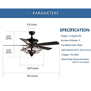 Moooni 50 Inch Reversible Crystal Ceiling Fan with Lights, Vintage Chandelier Fan Light KIt Black Fandelier for Bedroom Living Room