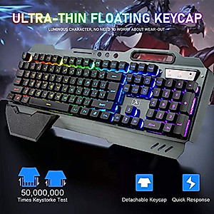 Wireless Gaming Keyboard and Mouse with Rainbow LED 16RGB Backlit Rechargeable 4800mAh Battery Metal Panel Mechanical Ergonomic Feel Waterproof Dustproof 7 Color Mute Mice for Laptop PC Gamer(Black)