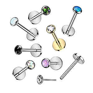 Amelia Fashion 18 GA Implant Grade Titanium Threadless Push In Labret, Flat Back Stud With Round Flat Bezel Set CZ or Opal Top (Choose Color) (Vitrail Medium)