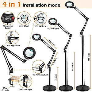 8X Magnifying Glass with Light and Stand, Krstlv 4-in-1 LED 5 Color Modes Stepless Dimmable Magnifying Floor Lamp, Adjustable Swing Arm Lighted Magnifier Lamp with Clamp for Close work, Craft, Reading