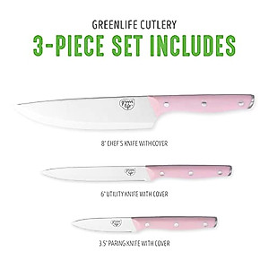 GreenLife High Carbon Stainless Steel 3 Piece Knife Set with Covers, Includes Chef Utility and Pairing, Comfort Grip Handles,Triple Rivet Cutlery, Soft Pink