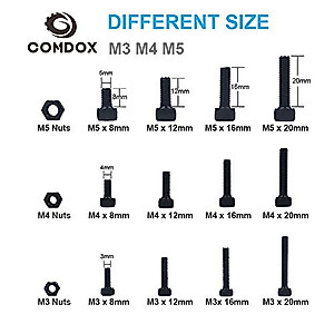 Comdox 500pcs Alloy Steel Socket Cap Screws Hex Head Bolt Nuts Assortment Kit with Box, M3 M4 M5 Thread Size, Black Oxide Finish