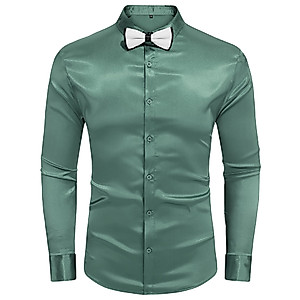 URRU Men's Luxury Shiny Silk Like Satin Dress Shirt Long Sleeve Slim Fit Casual Muscle Button Up Shirts Light Green L
