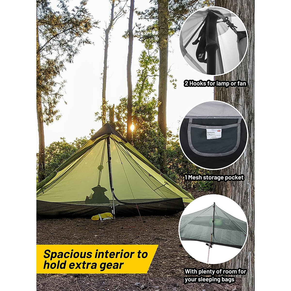 MIER Lanshan Ultralight Tent 3-Season Backpacking Tent for 1-Person or 2-Person Camping, Trekking, Kayaking, Climbing, Hiking, Green, 1-Person