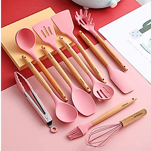 VIVAYO Silicone Cooking Utensil Kitchen Utensils Set, 12 Pieces Silicone Kitchen Utensil Wooden Handles, Kitchen Spatula Sets with Holder Spoon Turner Tongs, Pink