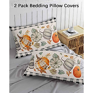 Thanksgiving Pillow Covers Standard Size Set of 2 Bed Pillow, Black White Plaid Pumpkin Fallen Leaves Farmhouse Plush Soft Comfort for Hair/ Skin Cooling Pillowcases with Envelop Closure 20''x26''