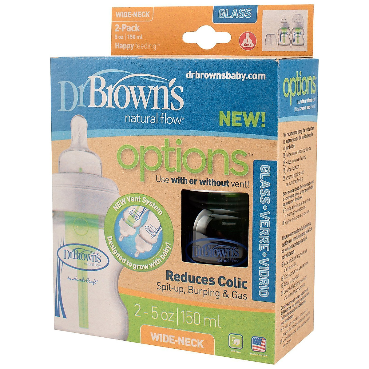 Dr. Brown's Options Wide Neck Glass Bottles, 5 Ounce