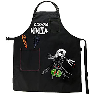 Cute Black Kitchen Bib Apron For Women and Men - With 2 Pockets and Graphic - Multi-sized - For Chefs and Home Cooking - Water Resistant - Gift Box Cooking Ninja Apron for Women