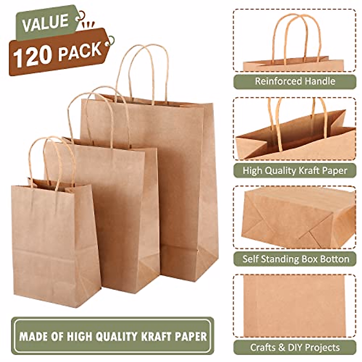 TOMNK 120pcs Brown Paper Bags with Handles Mixed Size Gift Bags Bulk, Kraft Paper Bags for Business, Shopping Bags, Retail Bags, Merchandise Bags