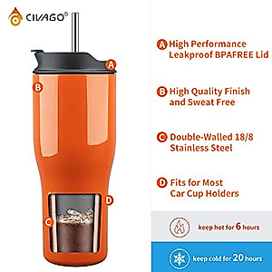 CIVAGO 30 oz Insulated Tumbler with Straw and Lid, Stainless Steel Travel Coffee Mug Cup, Double Wall Vacuum Water Bottle, Black Leopard