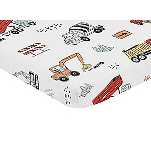 Sweet Jojo Designs Construction Truck Boy Fitted Mini Crib Sheet Baby Nursery for Portable Crib or Pack and Play - Grey Yellow Orange Red and Blue Transportation