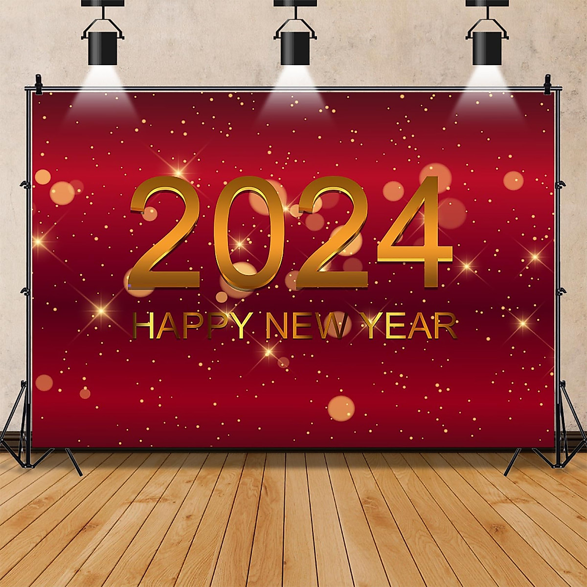 Baocicco 9x6ft 2024 Happy New Year Party Photography Background Champagne Bokeh Gold Glitter Chinese Red Background Photo Backdrop New Year Eve Party Night Carnival Kids Adults Photoshoot Studio