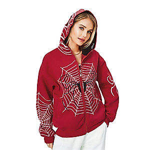 Winioder Women Y2K Spider Zip Up Hoodie Jacket Punk Goth Grunge Aesthetic Oversized Hoodies Vintage Graphic Sweatshirt (Red, S)