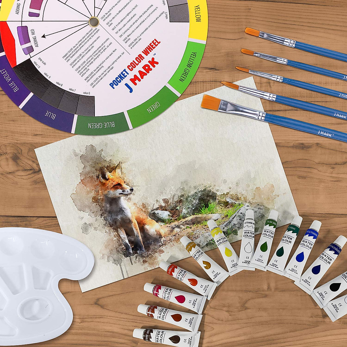 J MARK Acrylic & Watercolor Painting Kit – Complete Painting Set with Watercolor Kit, Acrylic & Watercolor Paint Tubes, Wood Easel, Watercolor Paper, Canvas Painting Kit & More