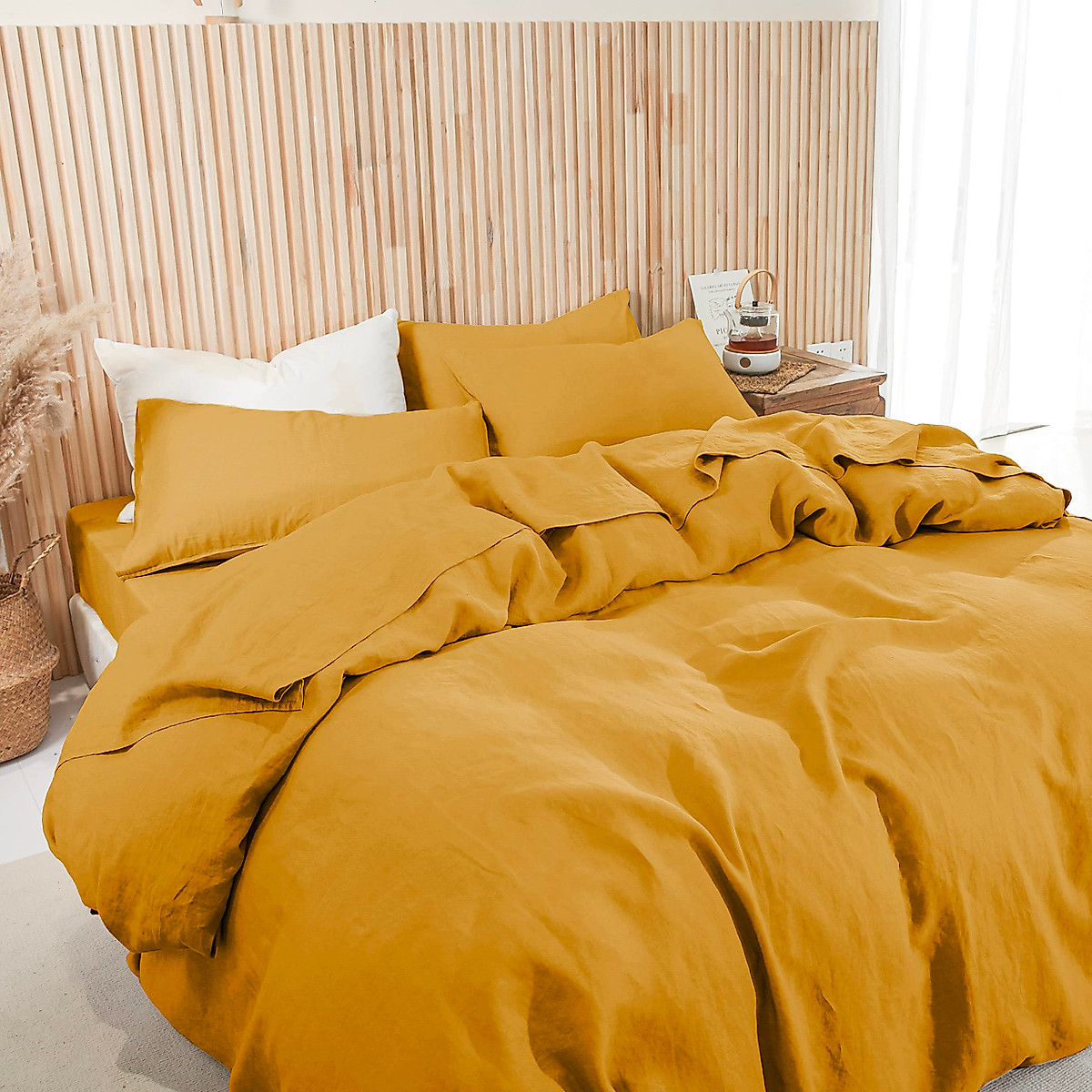 L Linen World Linen Duvet Cover Set 100% Stone Washed French Flax Pure Linen Duvet Covers Cooling Duvet Cover Queen Size Linen Bedding Set 1 Linen Duvet Cover 2 Pillowcases (Yellow,Queen)