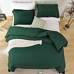 Smoofy Queen Duvet Cover Emerald Green Duvet Cover Queen Size, 3 Pcs Bohemian Fringe Tufted Soft Tassel Microfiber Dark Green Duvet Cover with Zipper Closure (1 Duvet Cover, 2 Pillowcases)