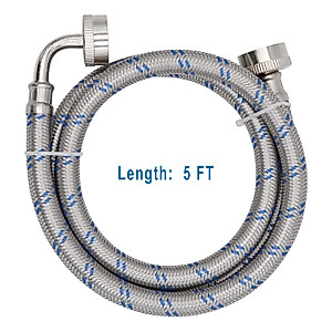 VALFLUIDS Stainless Steel Washing Machine Hoses with 90 Degree Elbow, Red and Blue Striped Water Connection Inlet Supply Lines (5 Foot)