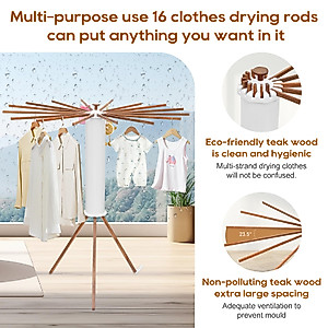 Bootuu Portable Teak Tripod Clothes Drying Rack, Foldable Space & Saving Design, Versatile Laundry Drying Rack, with 16 Waterproof Teak Wood Drying Rods, for Indoor and Outdoor Use for Halloween
