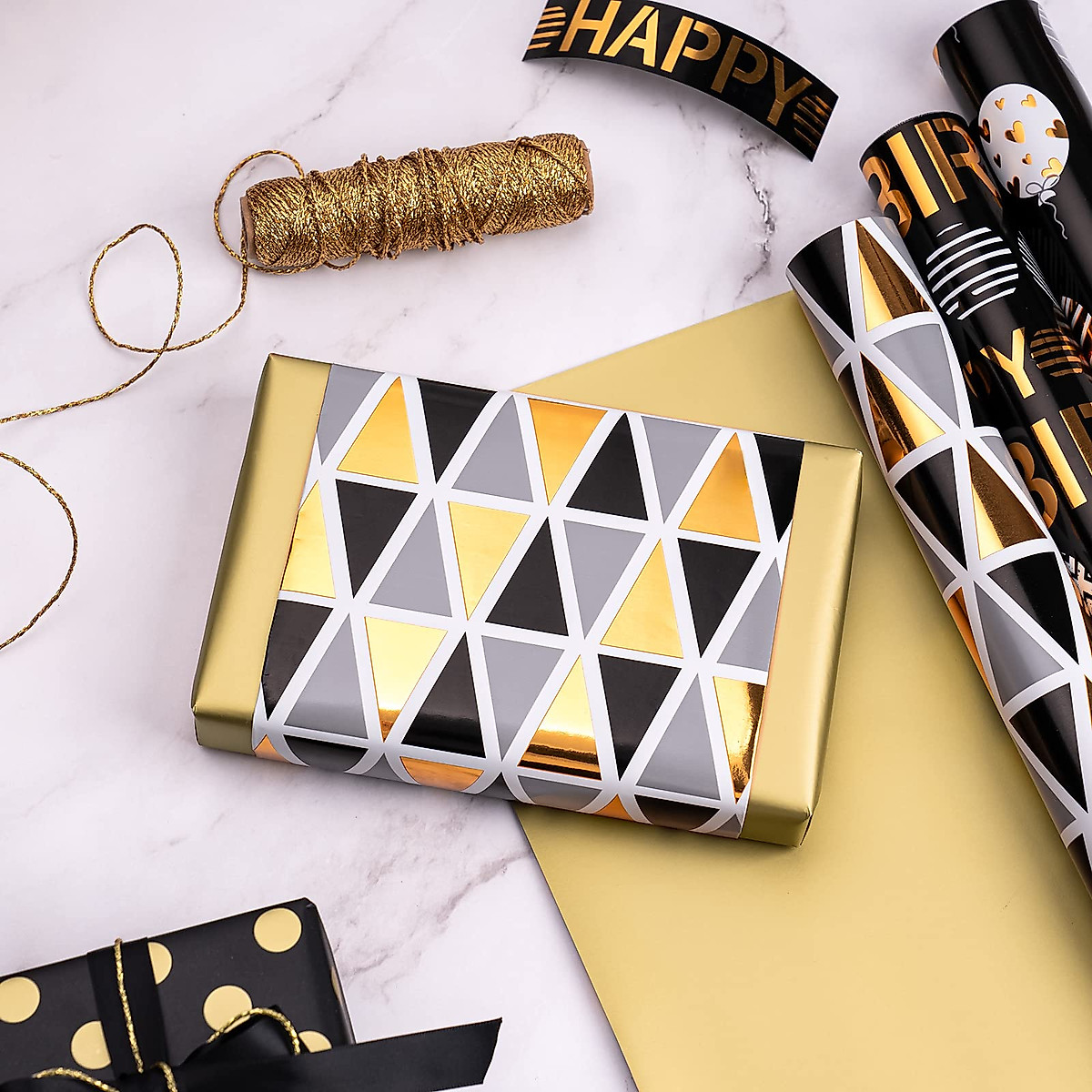 WRAPAHOLIC Reversible Birthday Wrapping Paper Roll - Mini Roll - 3 Rolls - 17 Inch X 120 Inch Per Roll - Happy Birthday Lettering and Balloon for Kid's Birthday, Party, Baby Shower