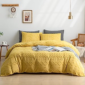 WARMDERN Boho Duvet Cover Set 3 Piece Yellow Queen Duvet Cover Set Washed Microfiber Tufted Bedding Set with Zipper Closure Wavy Stripes Duvet Cover and 2 Pillowcases(Queen,Yellow)