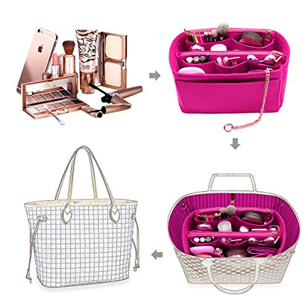 LEXSION 3 in 1 Felt Purse Organizer Insert Bag in Bag with a Bottle Holder Shaper 8026 Rosy SM