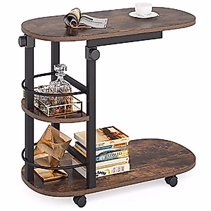 LITTLE TREE Side Height Adjustable C Table with Wheels, Black Rustic Brown