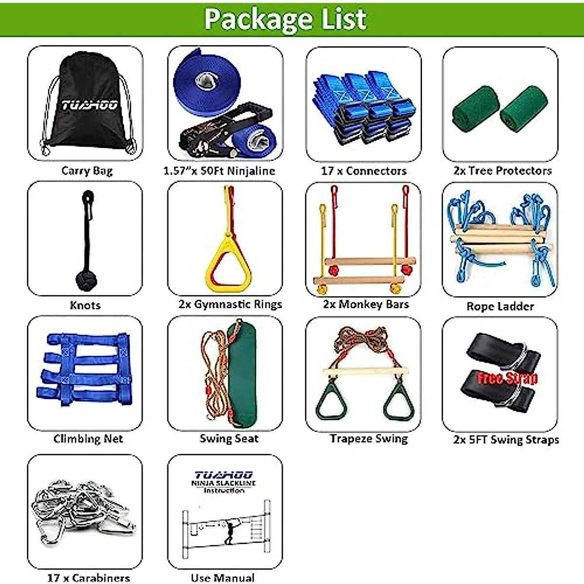 TUAHOO 600lbs Ninja Obstacle Course for Kids Backyard - Ninja Training Obstacles 50' Slackline Kits - Outside Line Ninja Kids Playset with Swings, Monkey Bars, Gym Rings, Rope Ladder, Climbing Net