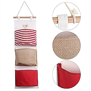 Hztyyier 3 Pockets Linen Storage Bag Hanging Door Closet Organizer Decoration for Room(Red)