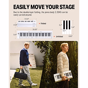 Donner 61-Key Folding Bluetooth Keyboard Piano for Beginners, Portable Piano Keyboard with Music Rest, Bag, Pedal, and App - White