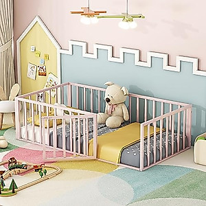 SIYSNKSI Twin Size Floor Bed with Fence and Door, Metal Floor Bed Frame, Montessori Bed Platform Bed Frame for Kids Boys Girls, Easy Assembly (Pink + Metal-3)