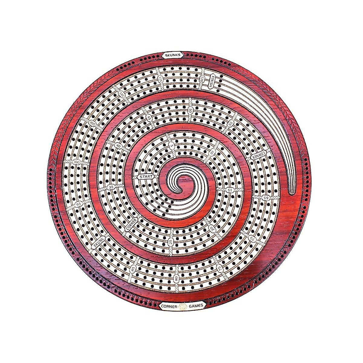 House of Cribbage - Cribbage Board Spiral Design Round Shape 4 Tracks Bloodwood/Maple with Place for Skunks, Corners & Won Games