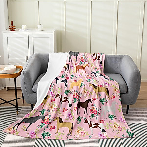 Horse Flannel Fleece Throw Blanket for Sofa Couch Girls Boys Kids 40"x50" Cute Animal Horses Flowers All Season Bed Blanket Room Decorations Horse Lovers Fuzzy Blanket Farmhouse Pink Plush Blanket