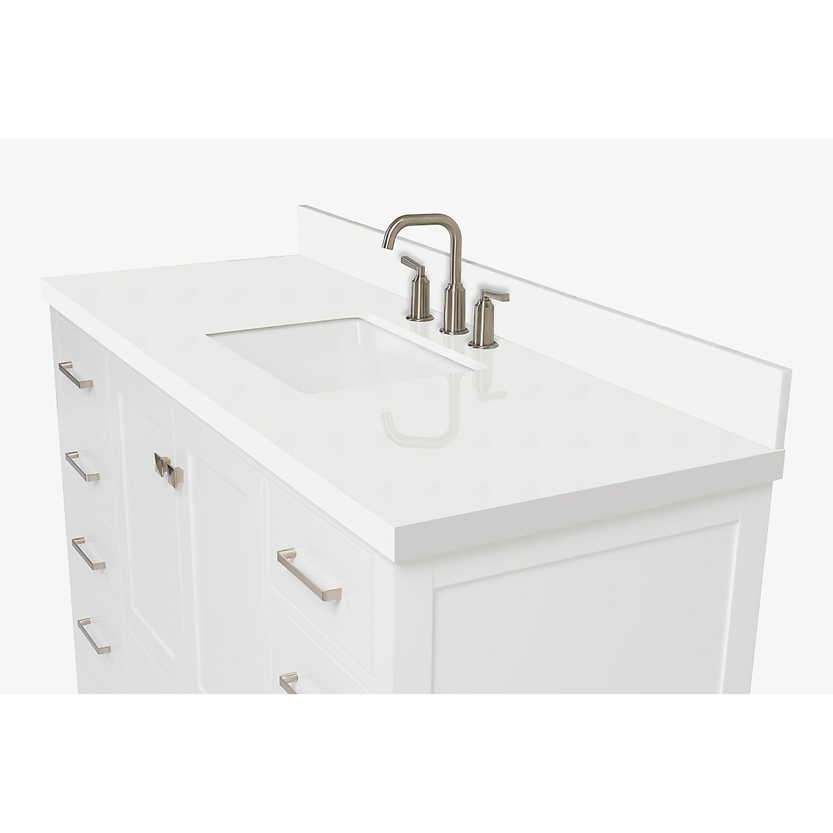 ARIEL Cambridge 55" White Bathroom Vanity with Sink, 1.5" Edge Pure White Quartz Countertop & Backsplash, Center Rectangular Sink, 2 Soft Closing Doors, 9 Full Extension Dovetail Drawers