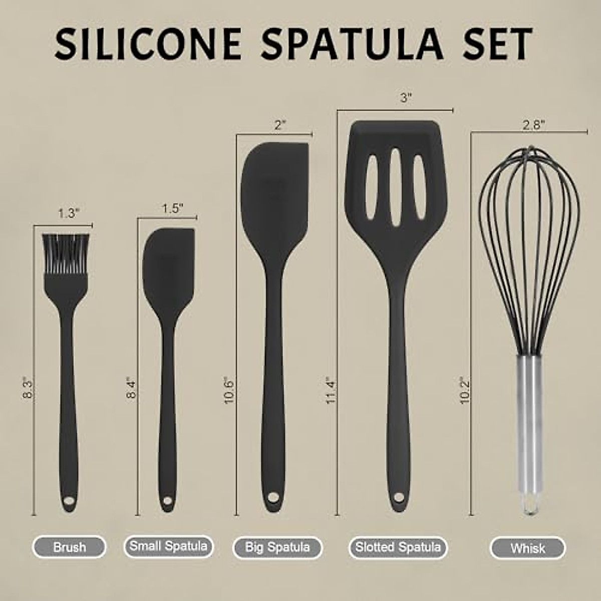 JONPHE Silicone Kitchen Utensils Set - Spatula Set,Turner,Brush,Whisk, 464°F Heat Resistant, Dishwasher Safe Silicone Cooking Utensils Set, Kitchen Gadget Tools Set for Nonstick Cookware - Black