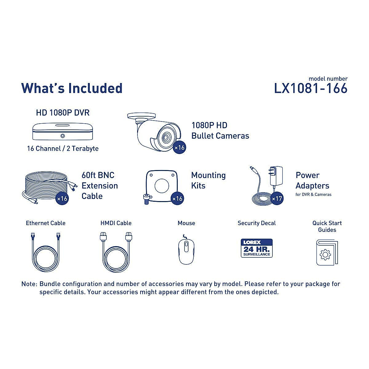 Lorex Indoor/Outdoor Wired Security Camera System, 1080p HD Bullet Cameras with Motion Detection Surveillance, Night Vision & Smart Home Voice Compatibility, 2TB 16 Channel DVR, 16 Cameras