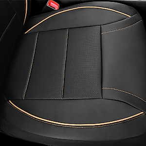 CAR PASS Universal FIT Piping Leather Two Front Seat Covers, Waterproof Faux Leather for SUV Sedan Van Truck, Airbag Compatible,Reserved Opening Holes for Headrest Covers. (Black and Beige)