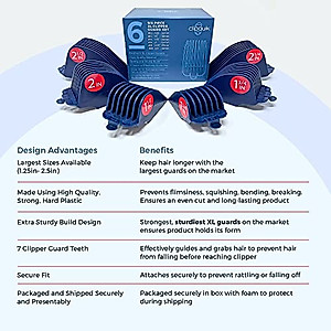 Clipquik Premium XL Clipper Guards, Strong & Sturdy 2.5 inch, 2.25", 2", 1.75", 1.5", 1.25" (#20, #18, #16, #14, #12, #10) Extra Long, Large Guide Comb Set Fits Most Wahl Full Size Hair Clippers