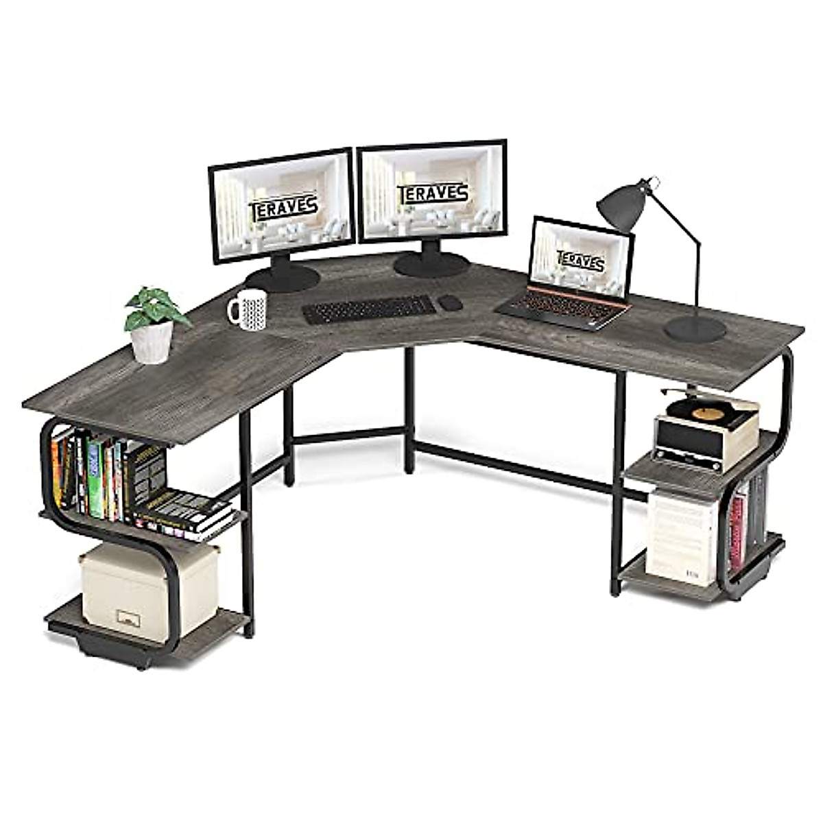 Teraves Modern L Shaped Desk with Shelves,64.84" Computer Desk/Gaming ...