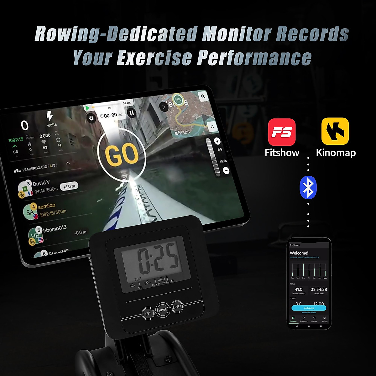 HouseFit Water Rower Rowing Machine with 330Lbs Weight Capacity for Home use Water Row Machine Exercise Equipment with iPad and Phone Support LCD Digital Monitor