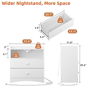 Memobarco Nightstand with Charging Station and LED Light,Modern Nightstand with USB Ports and Outlets,Wood Bedside Tables with 2 Storage Drawers,Small Dresser for Bedroom Small Space,White