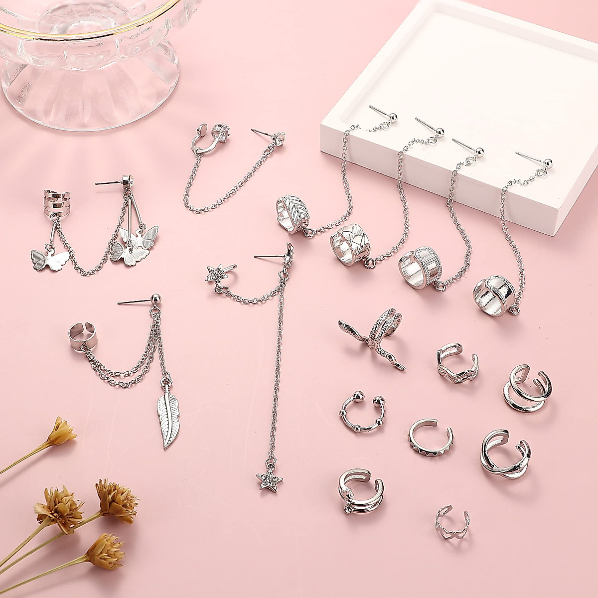 BESTEEL 16 Pcs Ear Cuff Earrings Set for Women Cuff Chain Earrings Helix Cartilage Cuff Earring Non Piercing Earring Pack Silver
