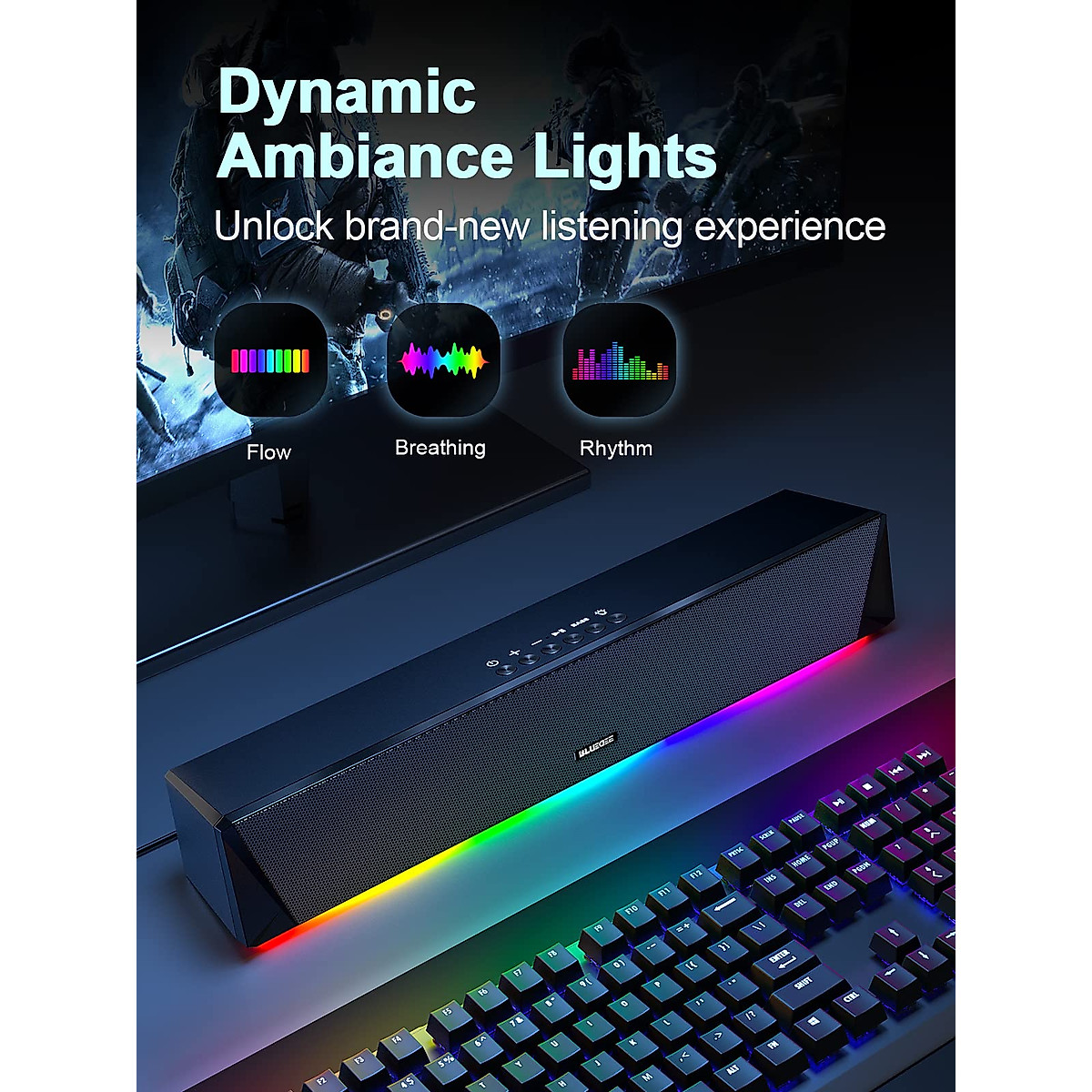 Computer Speakers, 24W Bluetooth Computer Soundbar, 3.5mm Aux-in Computer Speakers for Desktop Monitor, Computer Sound Bar with Deep Impactful Bass, Gaming Speakers for PC Powered by AC Adapter