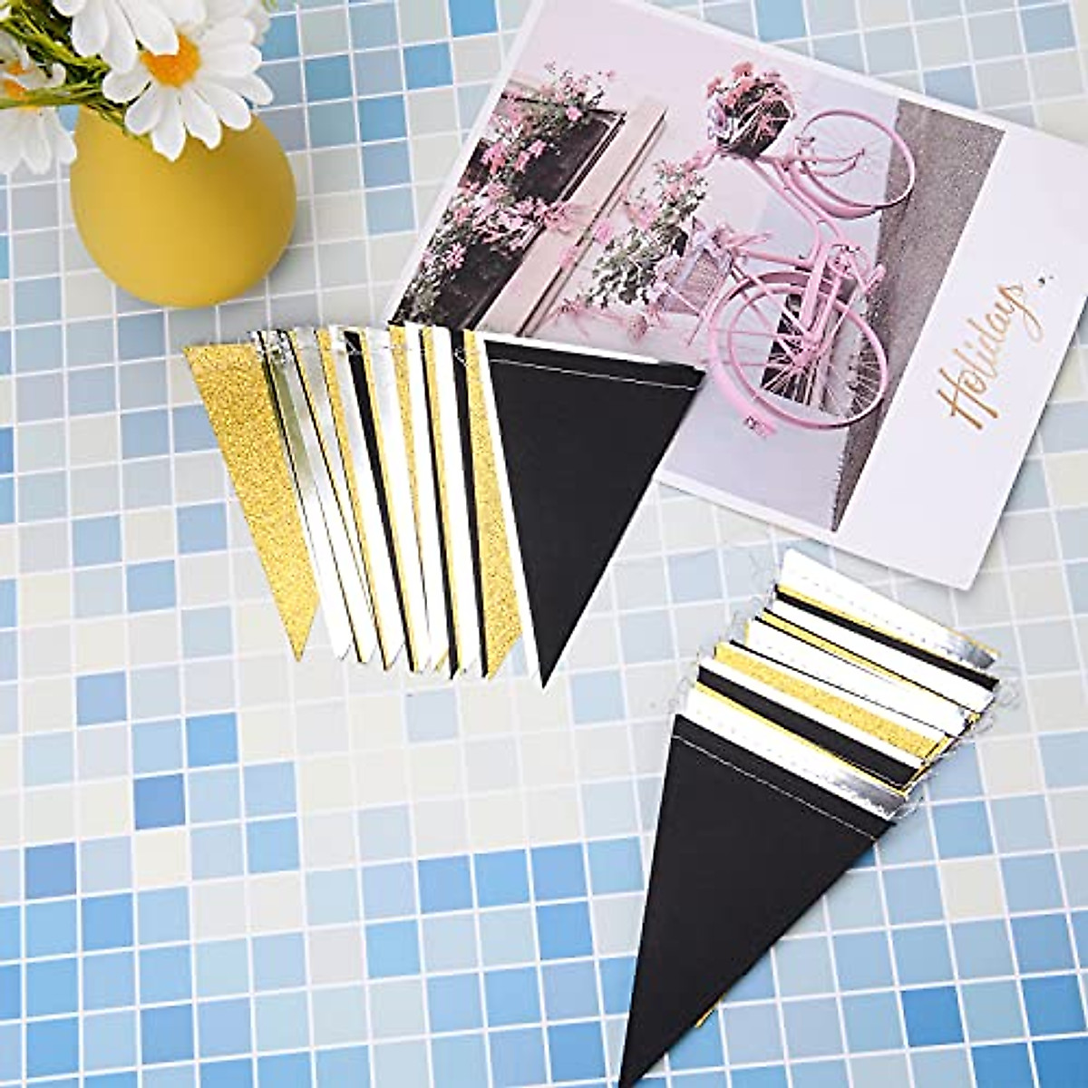 Triangle Flag Bunting Banner, MerryNine 3 Pack 30 Feet Vintage Style Pennant Banner for Wedding, Baby Shower, Event & Party Supplies 78pcs Flags (Triangle Flag - Black Silver Gold Glitter)