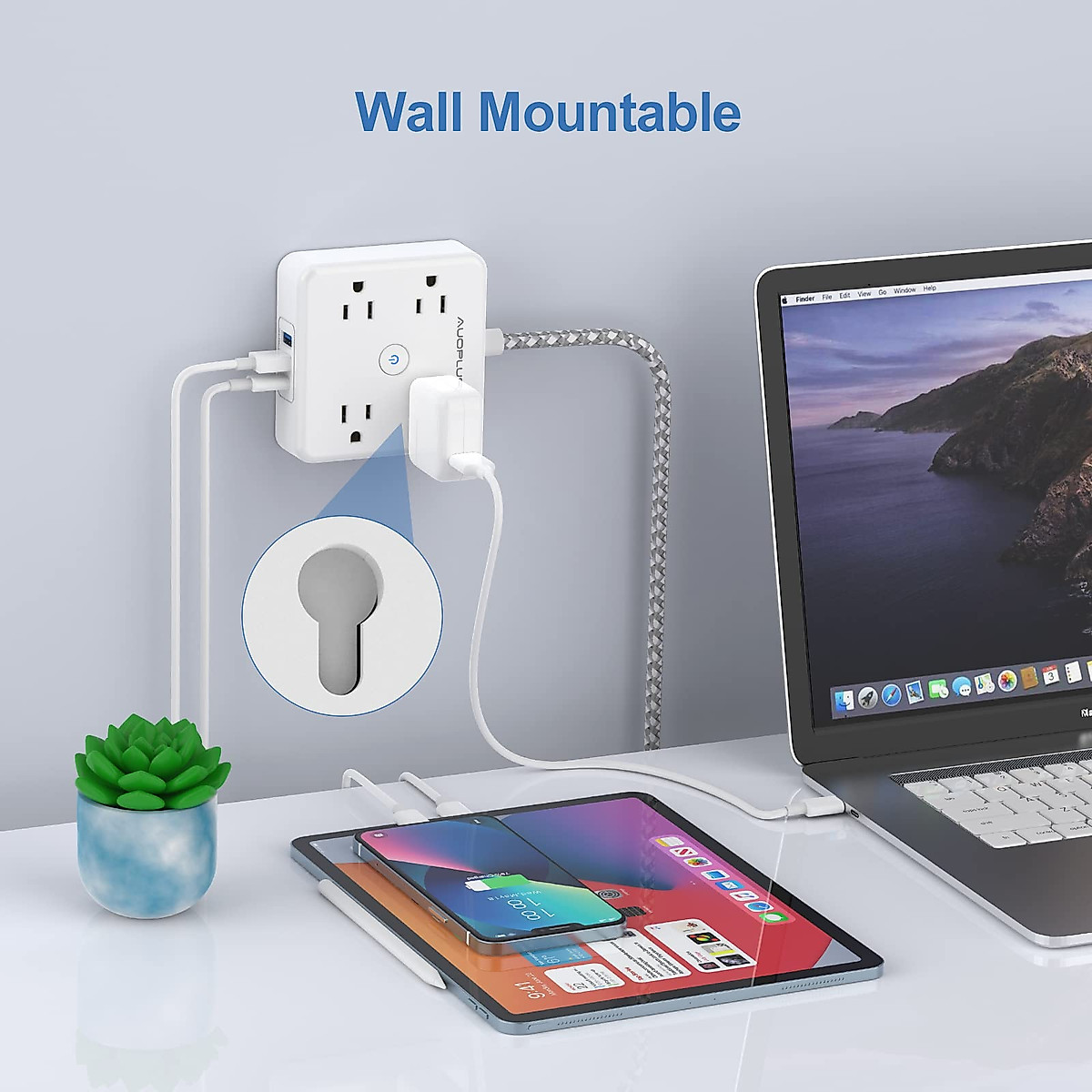 AUOPLUS Surge Protector Power Strip - 4 Widely Outlets with 3 USB Ports(1 USB C Outlet/PD 20W), Outlet Extender with 5FT Braided Extension Cord, Wall Mount for Travel Home Office, Dorm Essentials