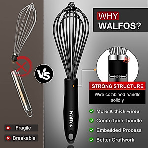 Walfos Silicone Whisk, Stainless Steel Wire Whisk Set of 3 -Heat Resistant Kitchen Whisks for Non-stick Cookware, Balloon Egg Beater Perfect for Blending, Whisking, Beating, Frothing & Stirring, Black