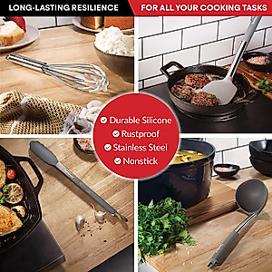 Silicone Cooking Utensils Set - Stainless Steel Handle, 15 Piece Kitchen Utensil Sets | Nonstick, Heat Resistant, BPA Free & Dishwasher Safe | Grey