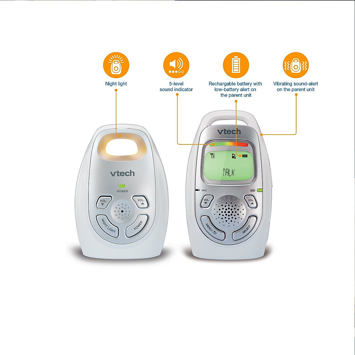VTech DM223 Audio Baby Monitor with up to 1,000 ft of Range, Vibrating Sound-Alert, Talk-back Intercom, Digitized Transmission & Belt Clip (Renewed)